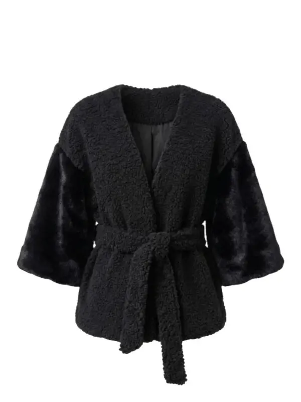 Saachi Fur Tie Front Short Kimono - Black