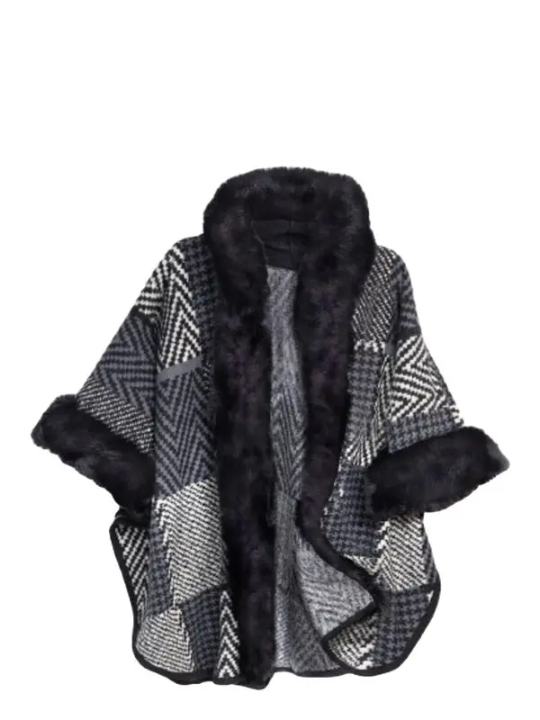 Saachi Geometric Pattern Faux Fur Kimono - Black