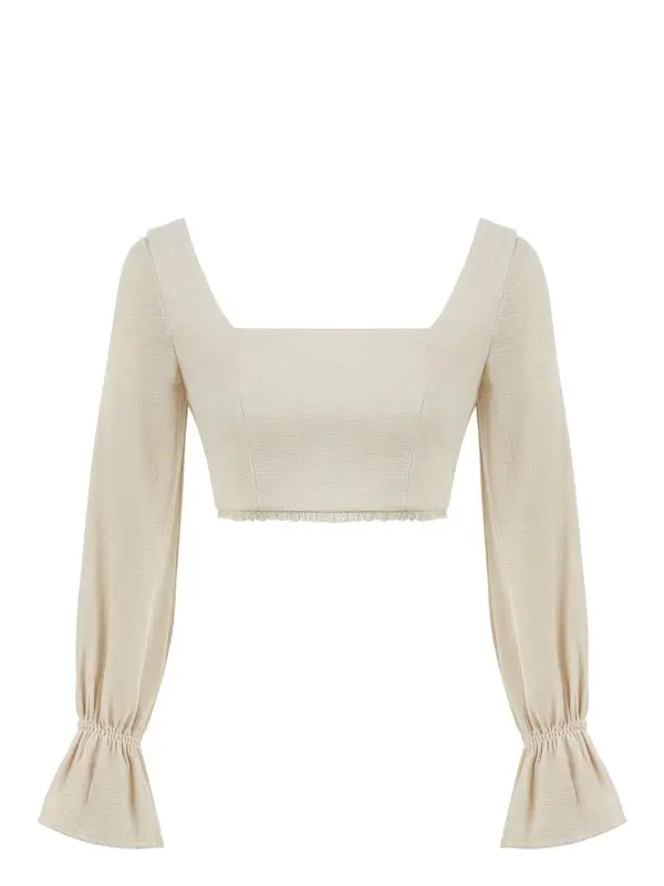 LILAMIE Venice Square Neck Long Sleeve Beach Bustier Top - Beige