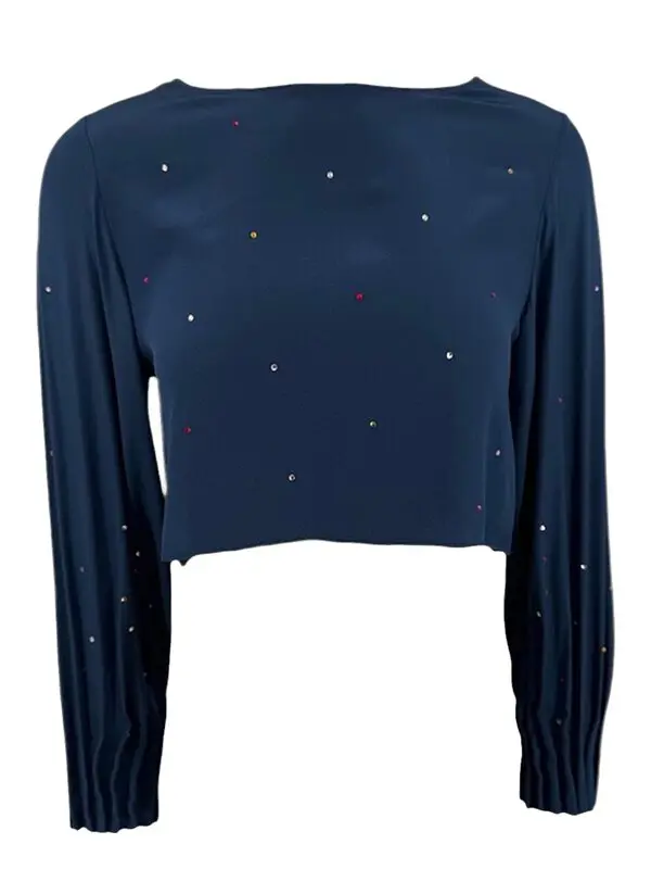 MONZLAPUR NEW YORK Cropped Silk Top With Pleated Cuffs And Crystals - Blue