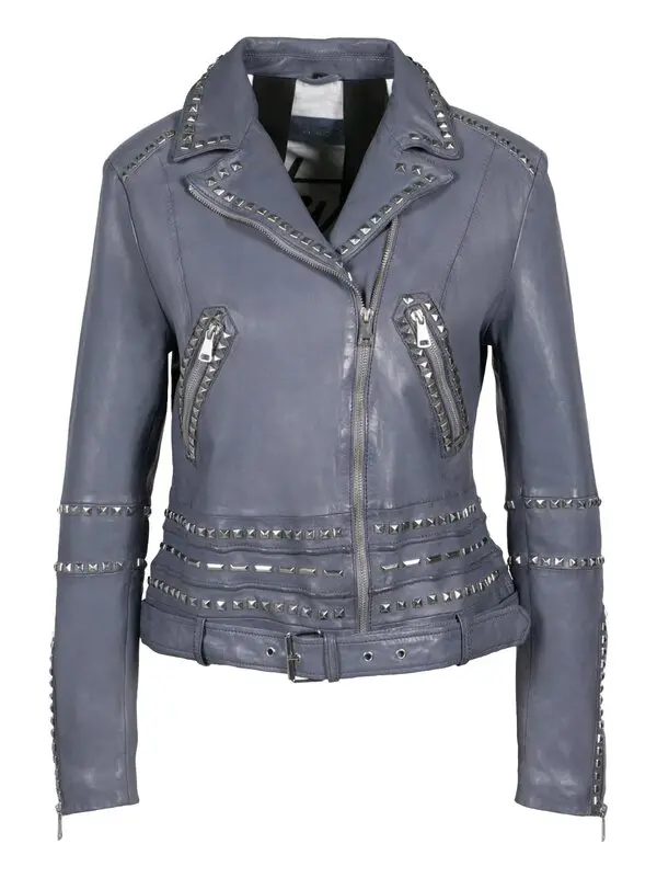 FREAKY NATION Leather Biker Jacket With Studs - Grey