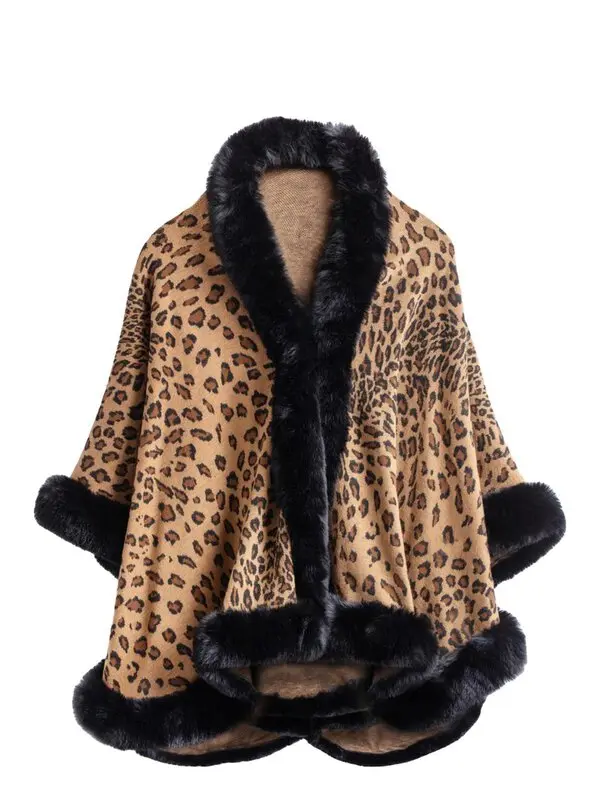 Saachi Faux Fur Trimmed Animal Print Cape - Black