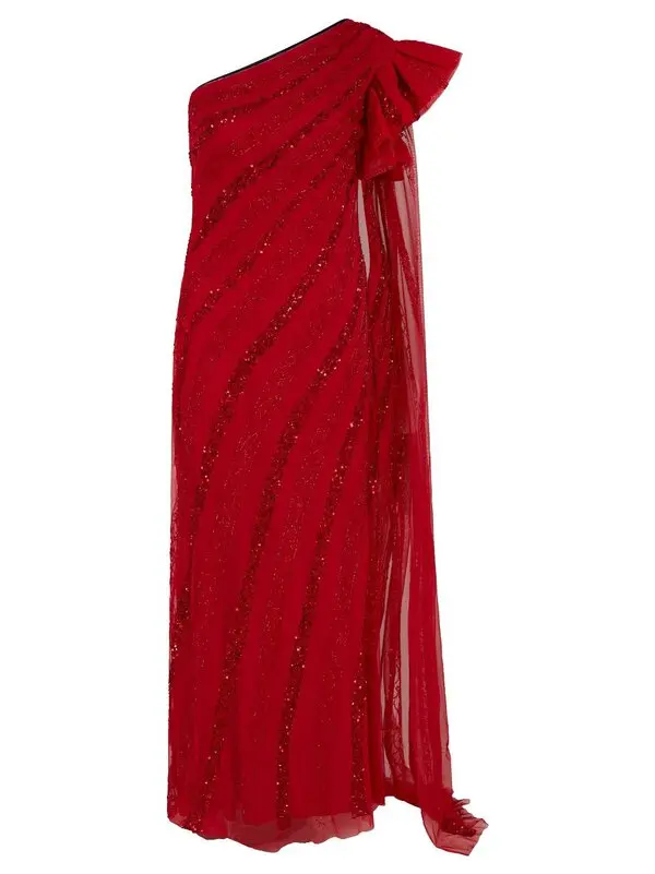 RAISHMA One Shoulder Floor Length Gown With Stole - Red