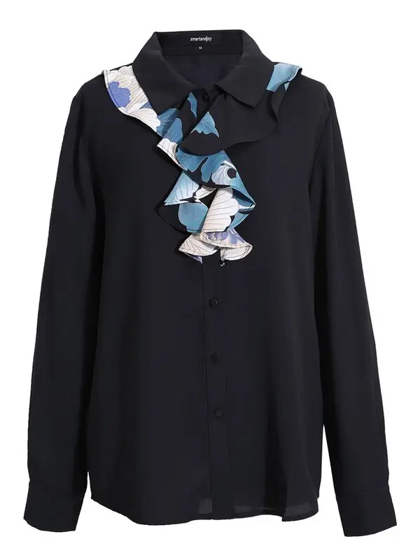 SMART AND JOY Flower Print Jabot Collar Blouse - Blue