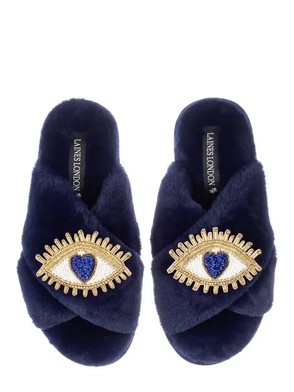 LAINES LONDON Classic Slippers With Brooches - Blue
