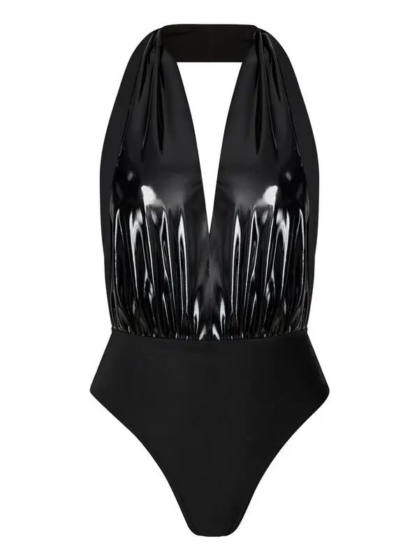 LIA ARAM Faux-leather Halterneck Bodysuit - Black