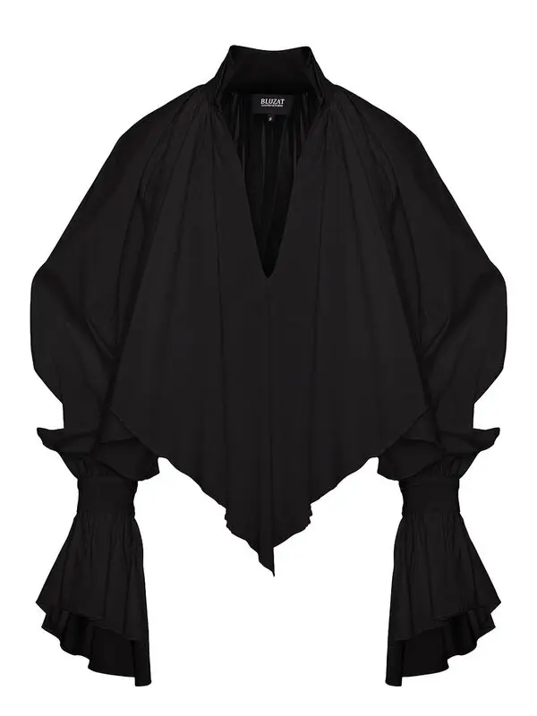 BLUZAT Oversized High Collar Balloon Sleeve Shirt - Black