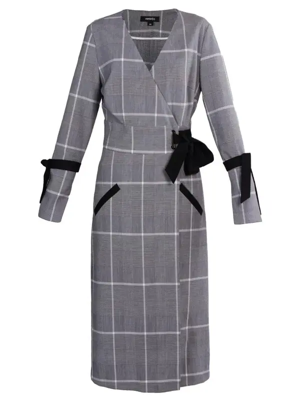 SMART AND JOY Tartan Print Wrap Midi Dress - Grey