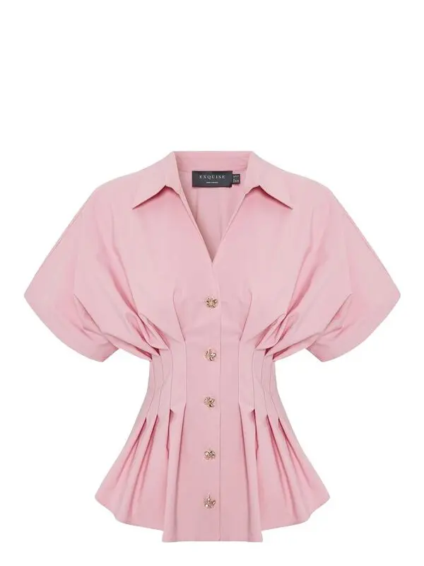 EXQUISE Pleated Corset-inspired Button-up Blouse - Pink