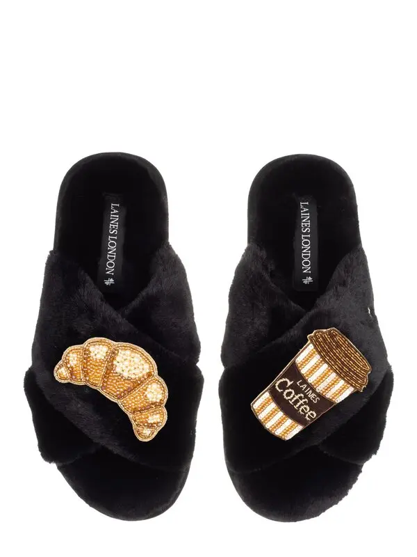 LAINES LONDON Slippers With Coffee Cup And Croissant Brooches - Black