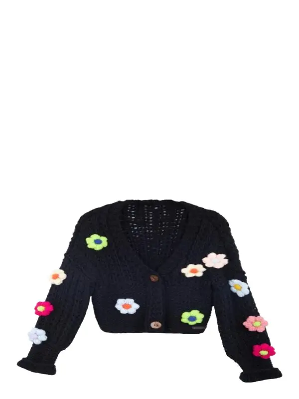 Saachi Appliqué Knit Floral Cardigan With Buttons - Black