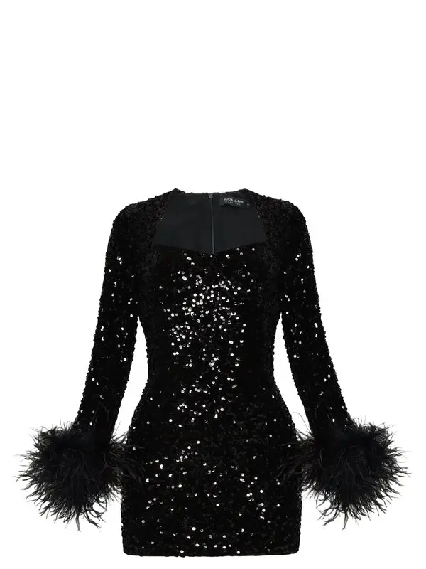MODA GLAM Sequin Mini Dress With Feather Trim - Black