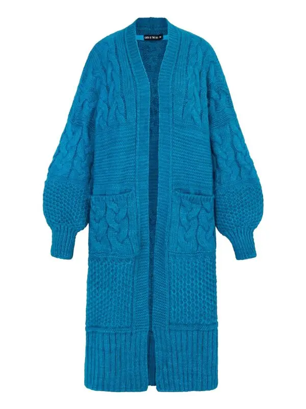 CARA & THE SKY Alex Balloon Sleeve Cable Knit Maxi Cardigan - Blue