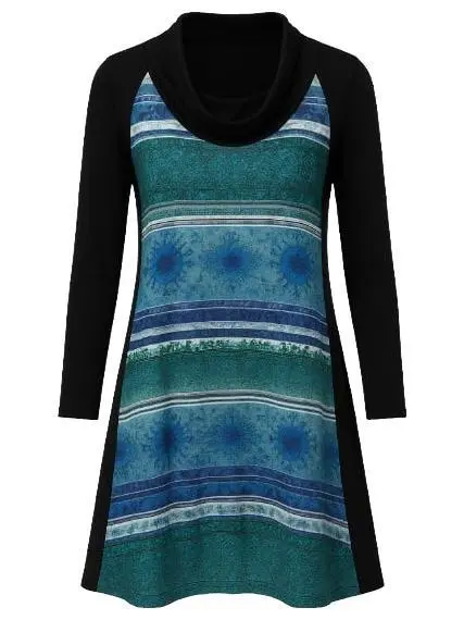 CONQUISTA A-line Print Dress With Turtleneck - Black