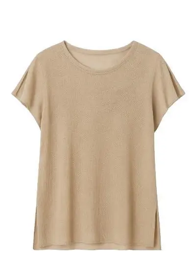 CONQUISTA Short Sleeve Semi Sheer Top With Shoulder Slits - Brown