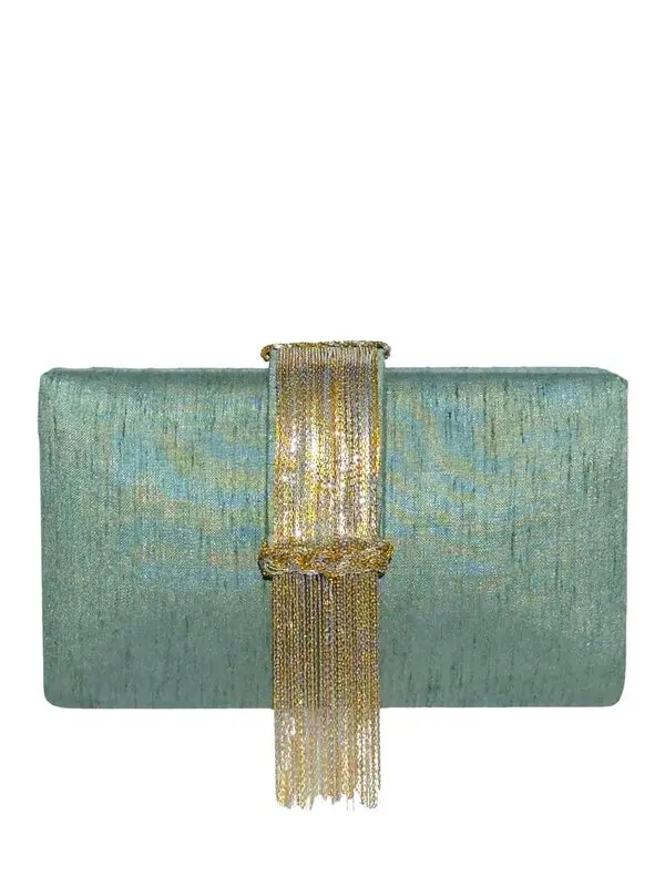 SIMITRI Sage Green Textured Fringe Clutch With Gold Tone Metal Chain - Green/gold