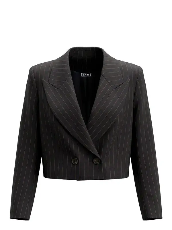 L2R THE LABEL Cropped Double Breasted Pinstripe Blazer - Black/brown