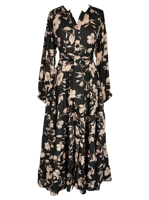 JENNAFER GRACE Floral Ruffled Maxi Dress With Sash Belt - Black