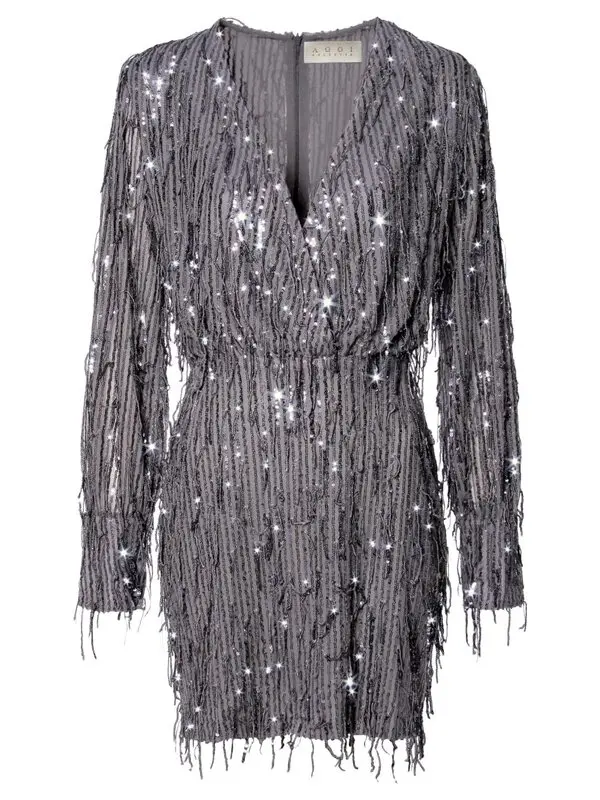 AGGI BY HALEWSKI Sequin Fringe Mini Dress - Grey