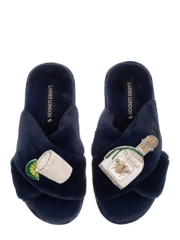 LAINES LONDON Classic Slippers With Brooches - Blue