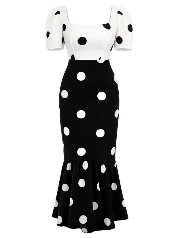 GIRL IN MIND Jennifer Contrast Spot Midi Dress With Puff Sleeves And Frill Hem - Black
