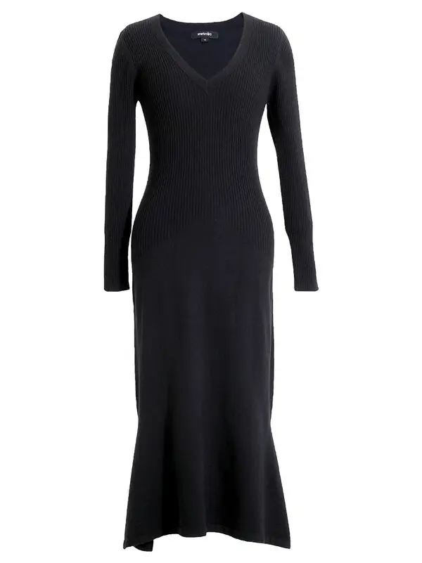 SMART AND JOY Slim V-neck Sweater Midi Dress - Black