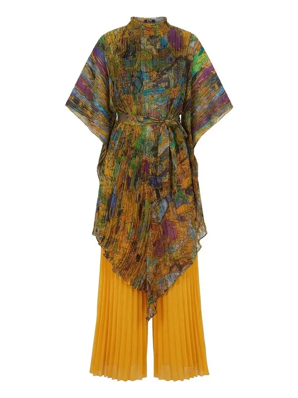 CY BOUTIQUE Abstract Map Pleated Overlay Top And Wide-leg Trousers Co-ords - Yellow