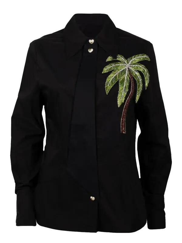 LAINES LONDON Couture Tie Shirt With Palm Tree Applique - Black