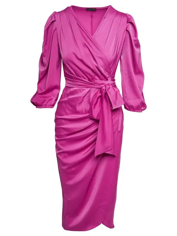 CONCEPT A TROIS Wrap Puff Sleeve Midi Dress - Pink