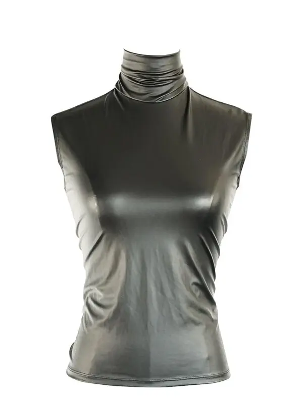 JENNAFER GRACE Matte Vegan Leather Mockneck Tank - Black