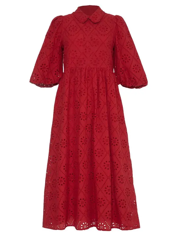 ROSE & NANCY Lucille Embroidered Midi Shirt Dress - Red