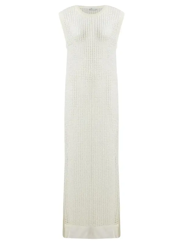 PERALUNA Pearl O-neck Eyelet Knit Maxi Dress - White