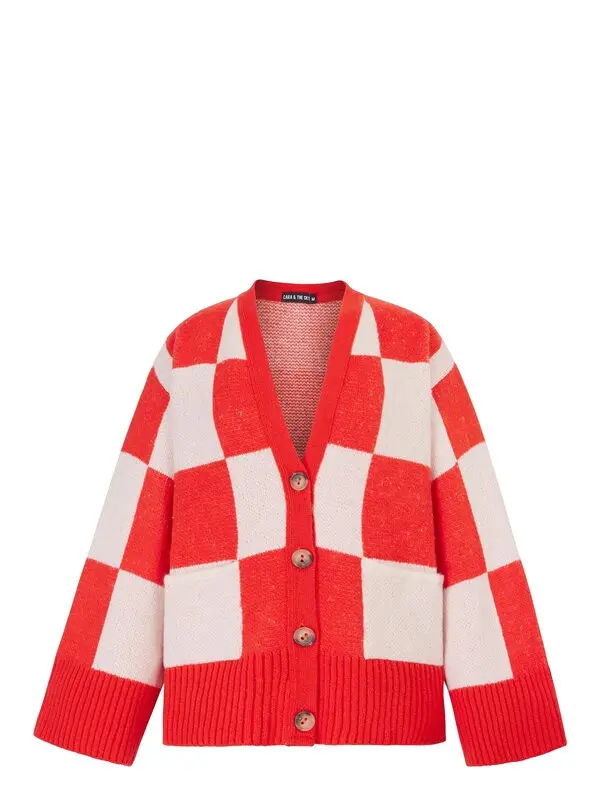 CARA & THE SKY Candice Checked Wide Sleeve Cardigan - White/red