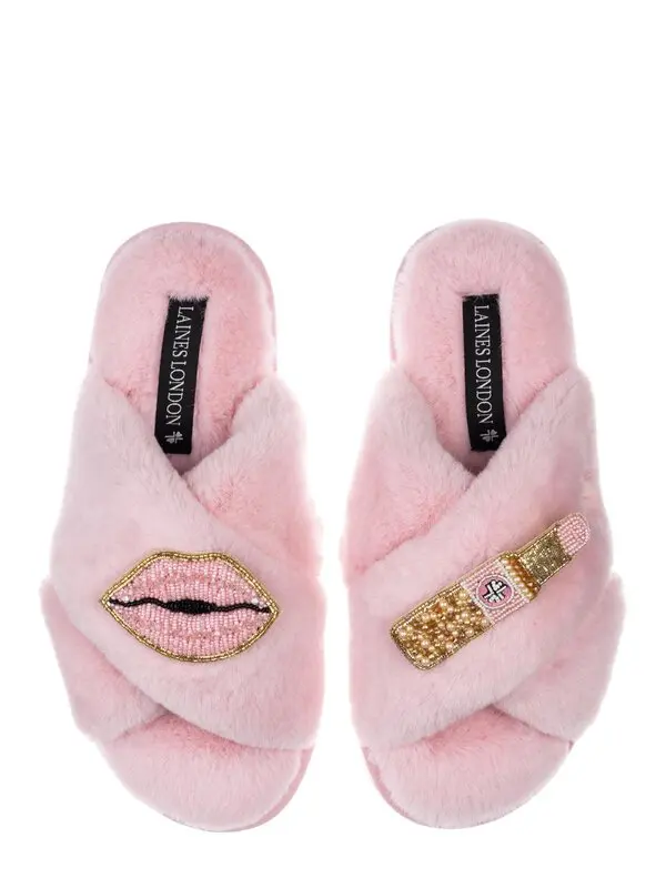 LAINES LONDON Classic Slippers With Brooches - Pink