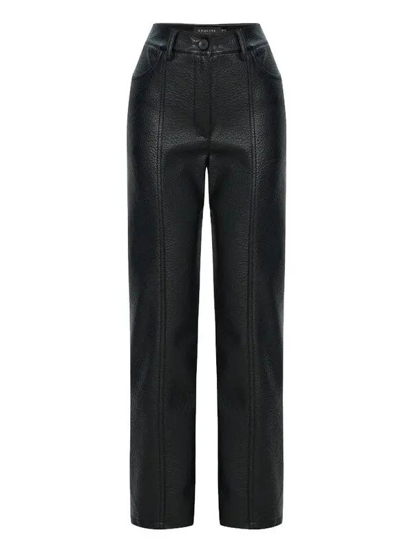 EXQUISE Straight Leg Vegan Leather Pants - Black