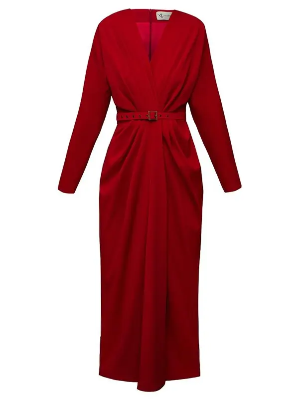 ALINA CERNATESCU Amaris Draped Midi Dress With Belt - Red