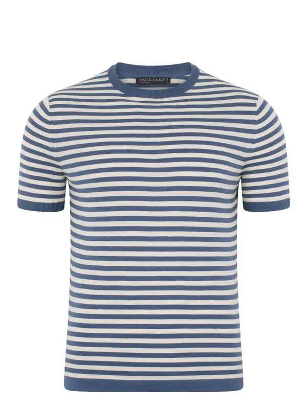 PAUL JAMES KNITWEAR Ultra-fine Cotton Miguel Knitted Breton T-shirt Indigo - Blue