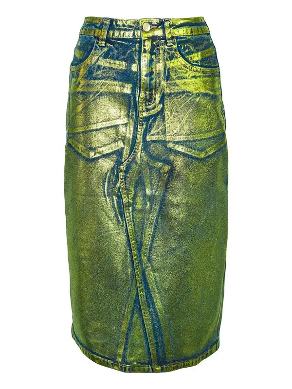 AMY LYNN Clara Denim Foil Coated Midi Skirt - Green