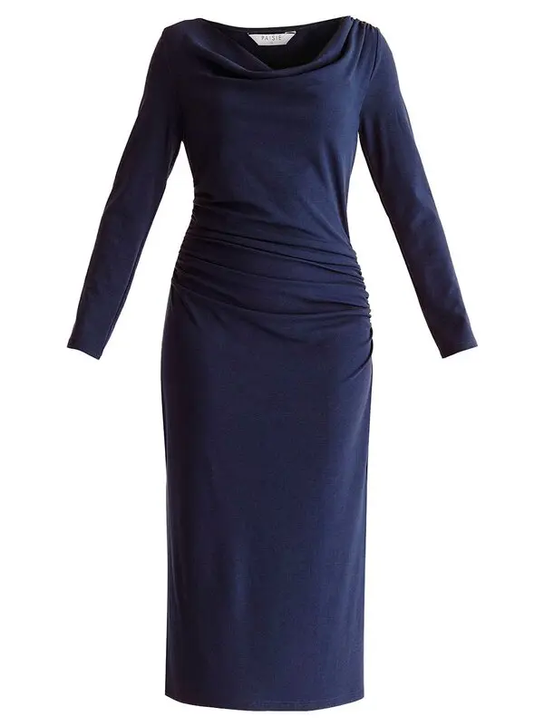 PAISIE Ruched Jersey Dress With Draped Neck - Blue