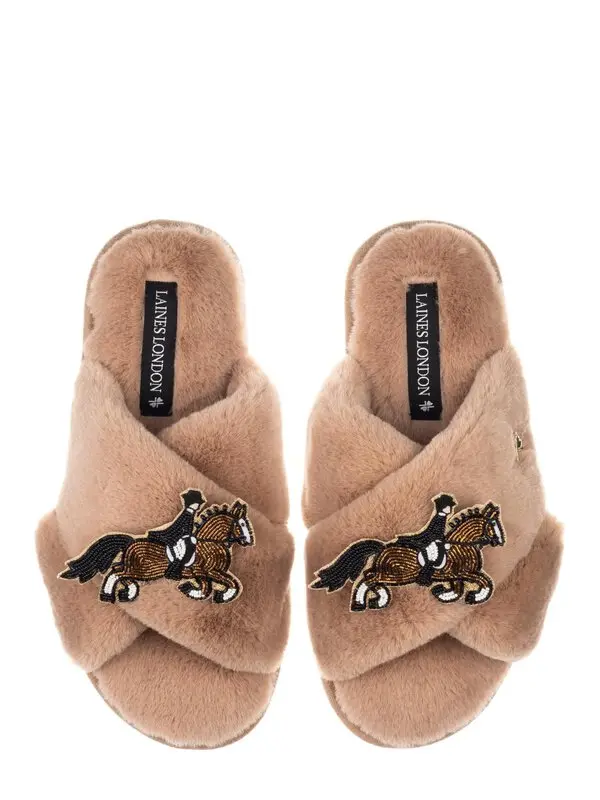 LAINES LONDON Classic Slippers With Horse Brooches - Brown
