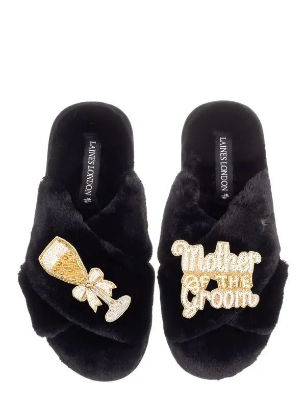 LAINES LONDON Classic Laines Slippers With Mother Of The Groom Brooches - Black