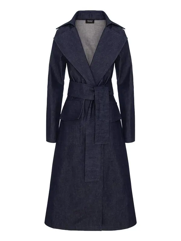 BLUZAT Long Denim Trench Coat - Blue