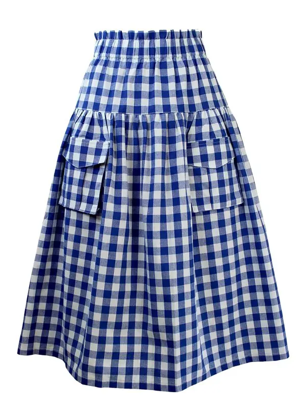 ZENZEE Gingham Check Linen Cargo Skirt - Blue/white