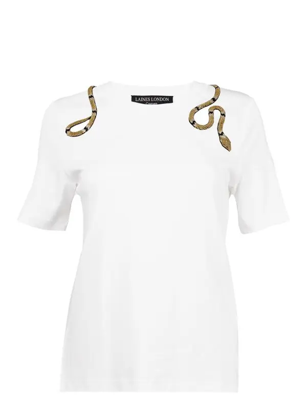 LAINES LONDON Embellished Wrap-around Snake T-shirt - White/gold