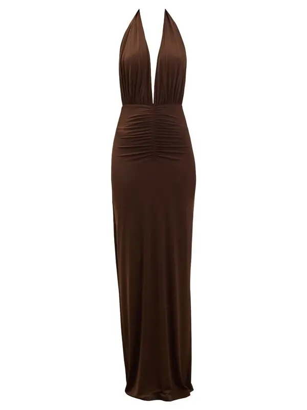 MARROMA Draped Halter Maxi Dress - Brown
