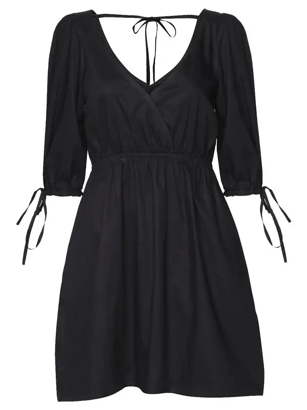 REISTOR Gathered Elbow Sleeve Short Cotton Dress - Black