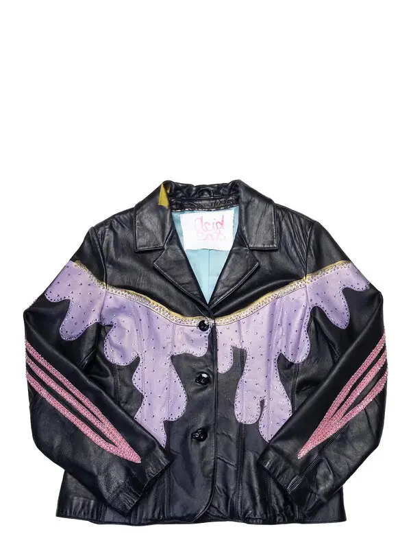 ACID CAT Hand-painted Rhinestoned Leather Jacket - Black