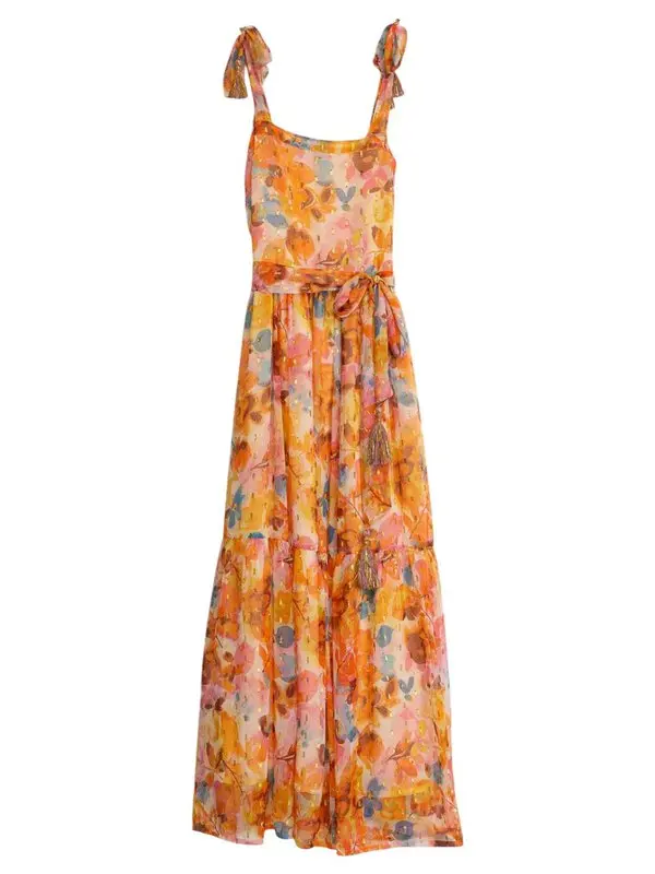 NIZA Santorini Long Dress With Floral Print And Ruffled Hem - White/orange