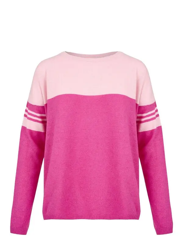 AT LAST... Cashmere Blend Sweater With Striped Sleeves - Pink