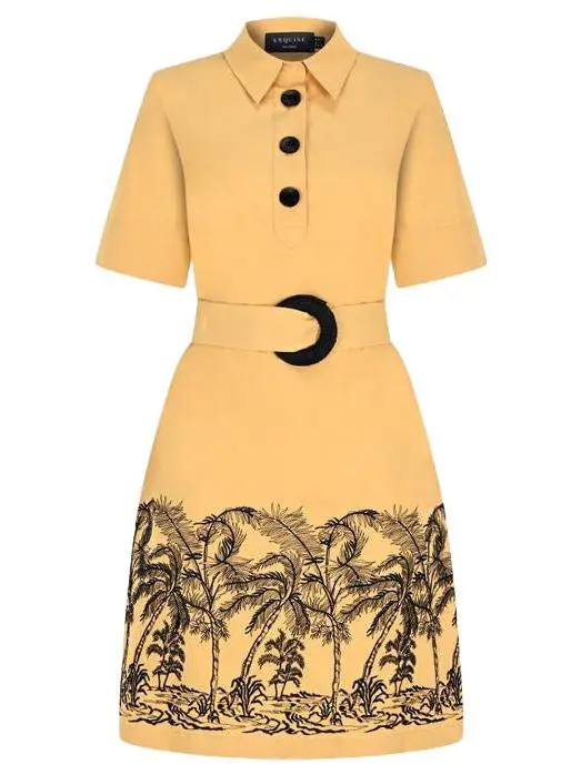EXQUISE Regular Printed Hem Belted Cotton Dress - Brown